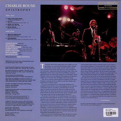 Charlie Rouse - Epistrophy - The Last Concert - Vinyl LP - 1989 - US ...