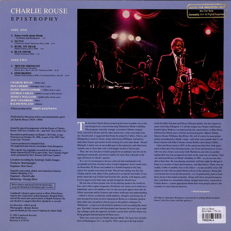 Charlie Rouse - Epistrophy - The Last Concert - Vinyl LP - 1989 - US ...