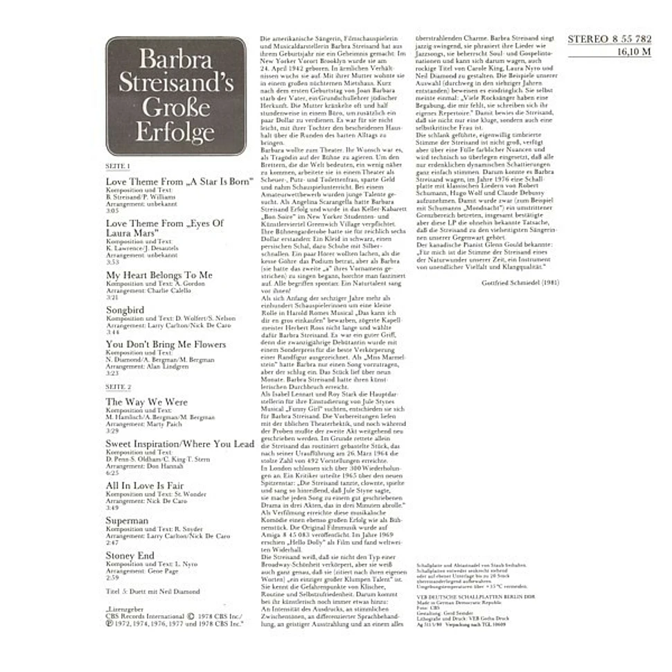 Barbra Streisand - Barbra Streisand's Große Erfolge - Vinyl LP - 1981 - GDR - Original | HHV