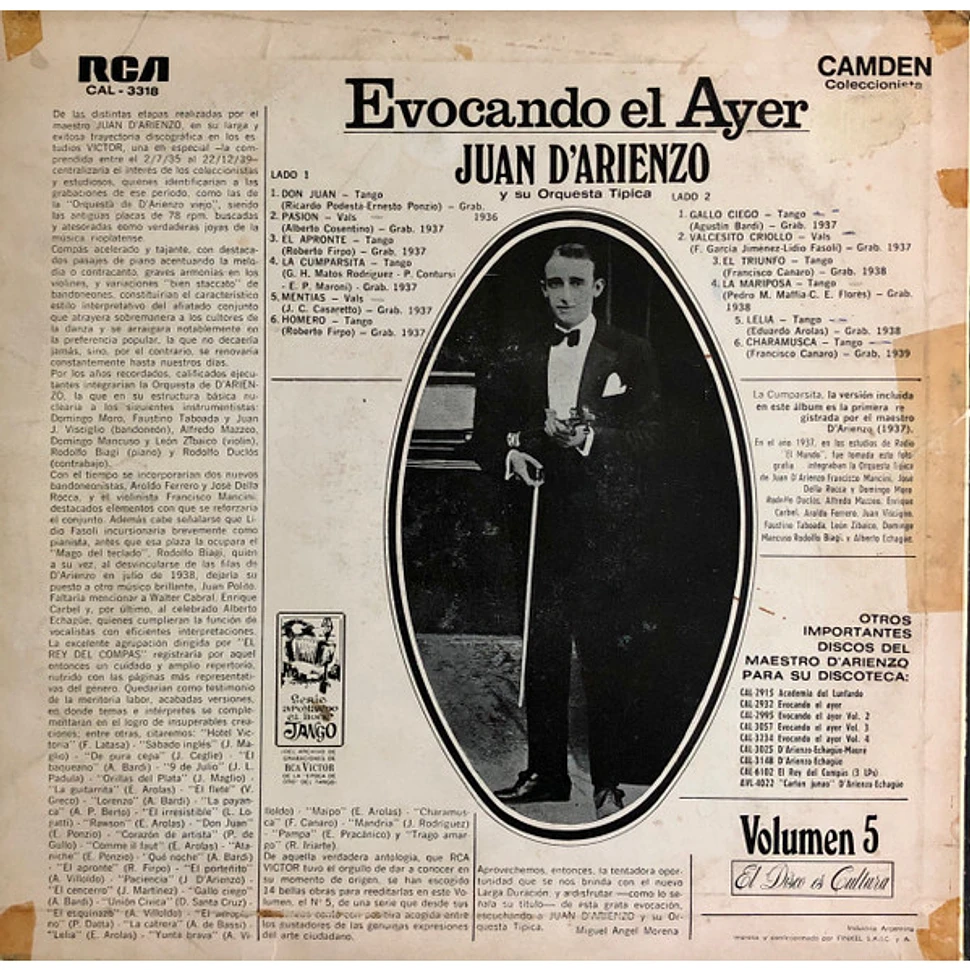 Juan D'Arienzo Y Su Orquesta Típica - Evocando El Ayer Vol. 5 - Vinyl ...