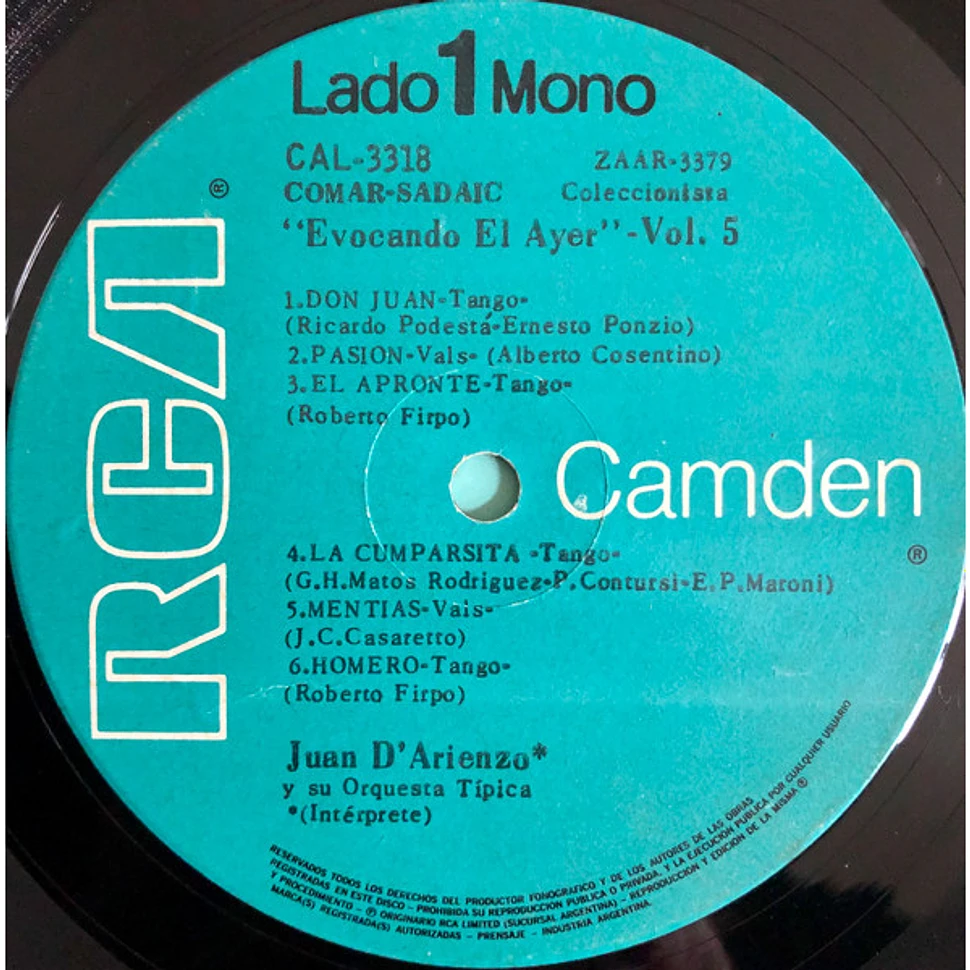 Juan D'Arienzo Y Su Orquesta Típica - Evocando El Ayer Vol. 5 - Vinyl ...