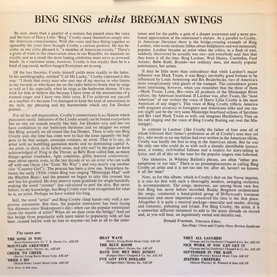 Bing Crosby, Buddy Bregman - Bing Sings Whilst Bregman Swings - Vinyl ...