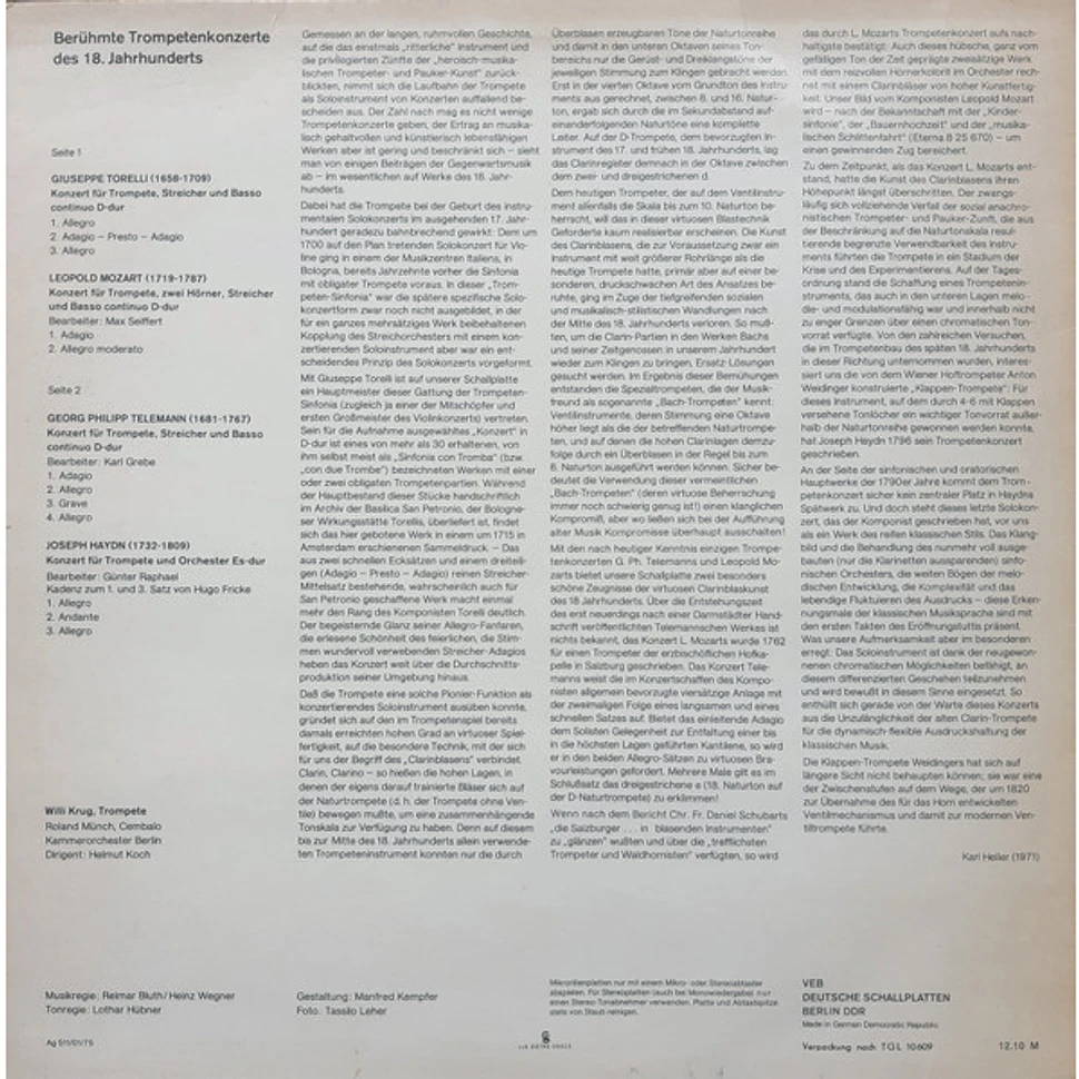 Giuseppe Torelli / Leopold Mozart / Georg Philipp Telemann / Joseph Haydn, Willi Krug ...