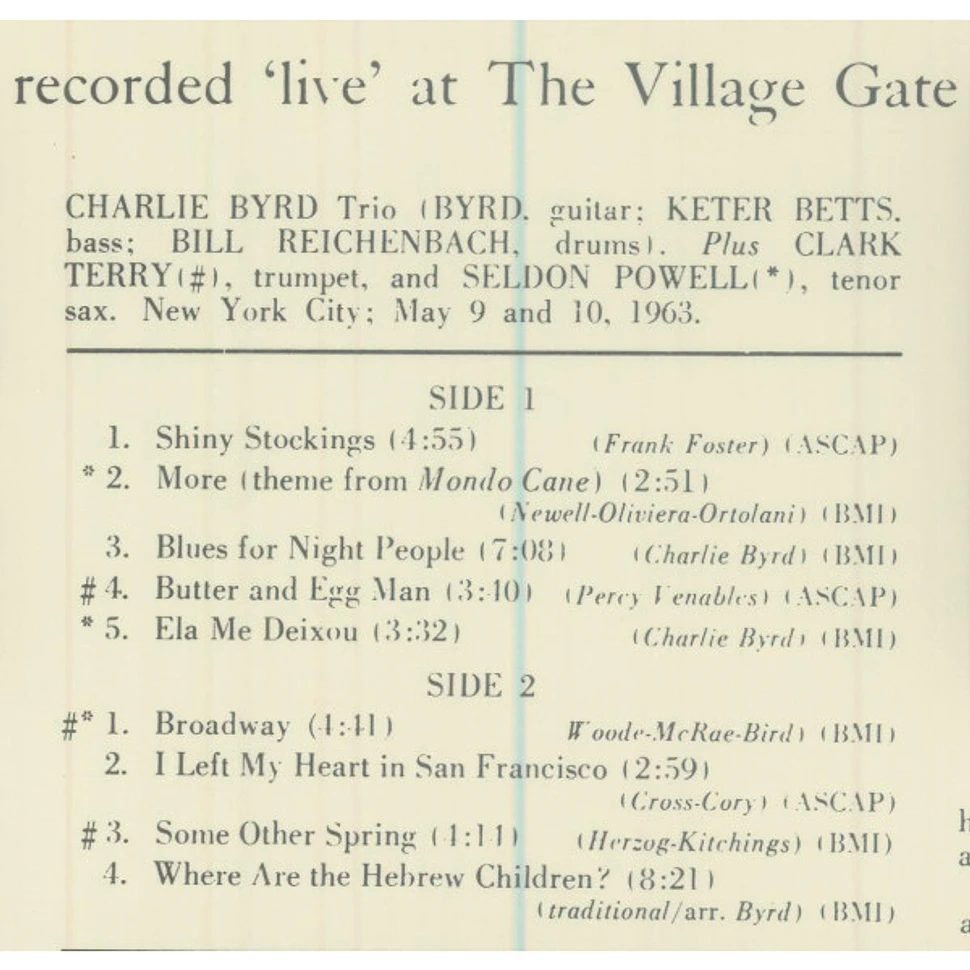 Charlie Byrd Trio - Byrd At The Gate - Vinyl LP - 1986 - US - Reissue | HHV