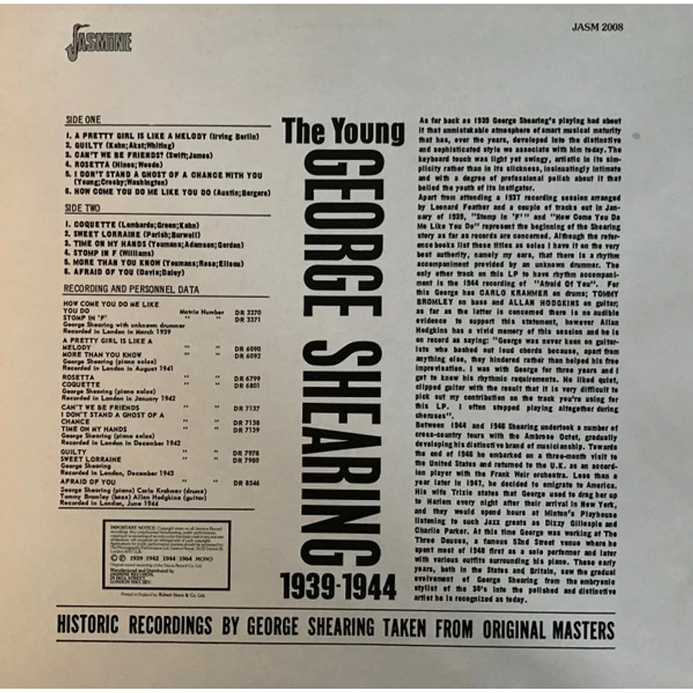 George Shearing - The Young George Shearing 1939-1944 - Vinyl LP - UK ...