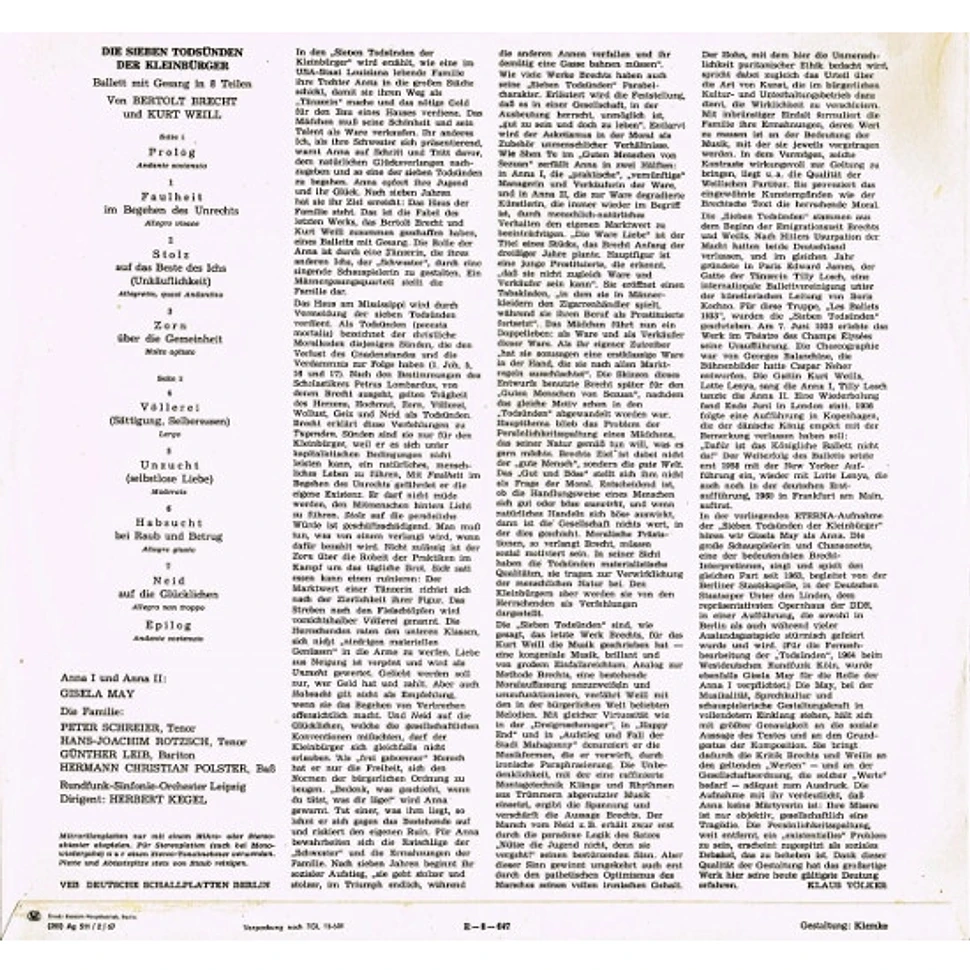 Bertolt Brecht, Kurt Weill, Gisela May - Die 7 Todsünden Der ...