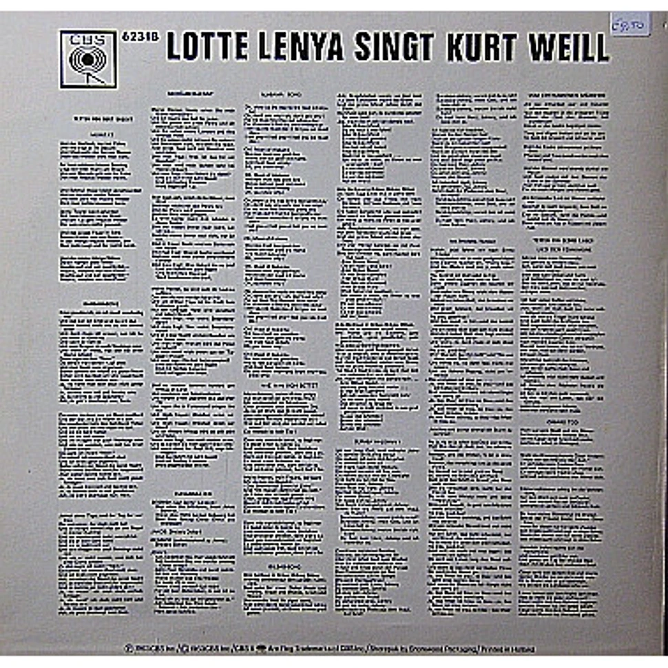 Lotte Lenya - Lotte Lenya Singt Kurt Weill Mit Texten Von Bert Brecht ...