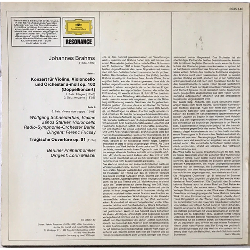 Johannes Brahms, Wolfgang Schneiderhan, Janos Starker - Doppelkonzert A ...