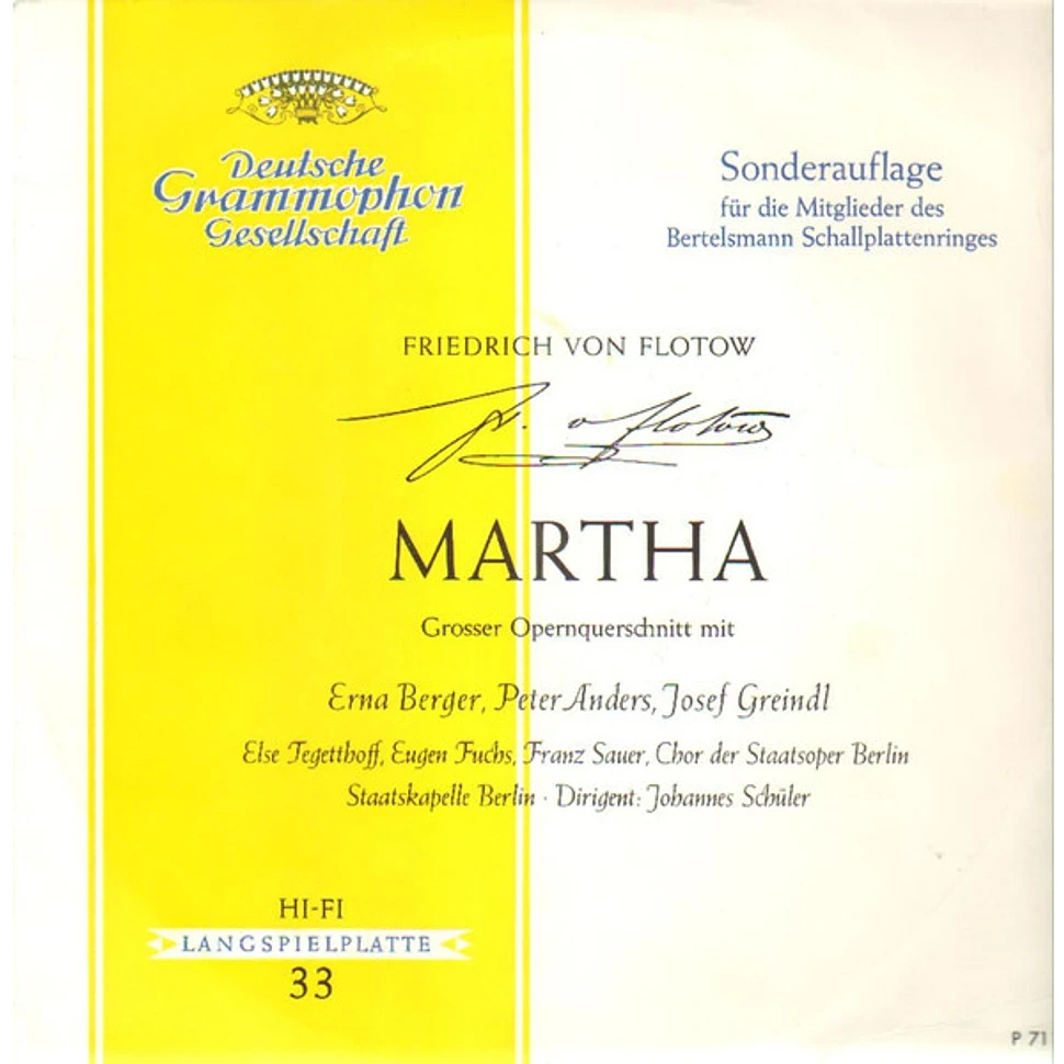 Friedrich von Flotow - Martha (Grosser Opernquerschnitt) - Vinyl LP ...
